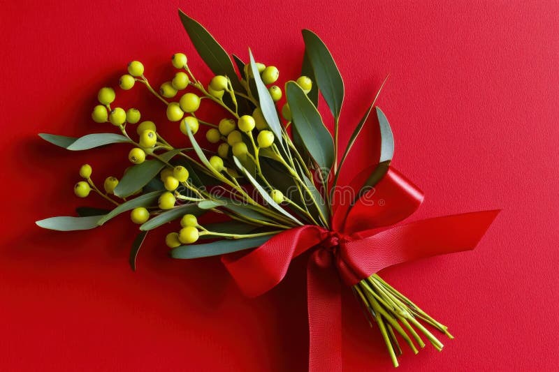 Minimalistic Mistletoe on Red Background for Holiday Design Stock ...