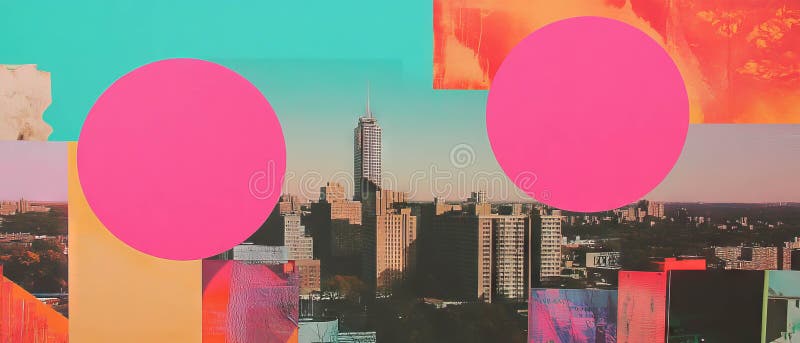 Minimalistic Mixed Media Collage Featuring Urban Skyline with Geometric ...