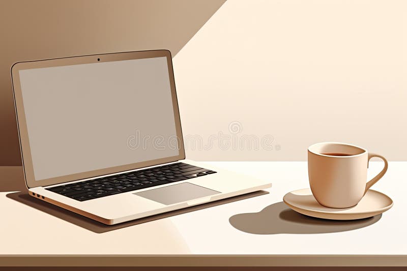 Minimalistic Mock Up with Cup of Coffee and Laptop on Desk in a Kitchen ...