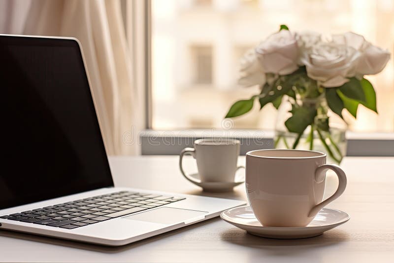 Minimalistic Mock Up with Cup of Coffee and Laptop on Desk in a Kitchen ...