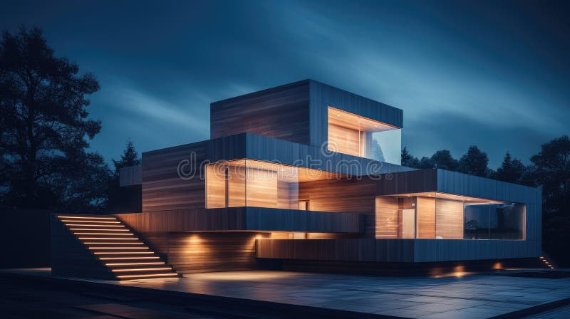 Minimalistic and Modern Building at Night. Modern Contemporary Wood ...