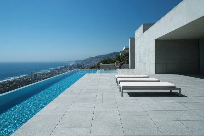 Minimalistic Modern Pool Overlooking Ocean in Luxurious Architecture ...