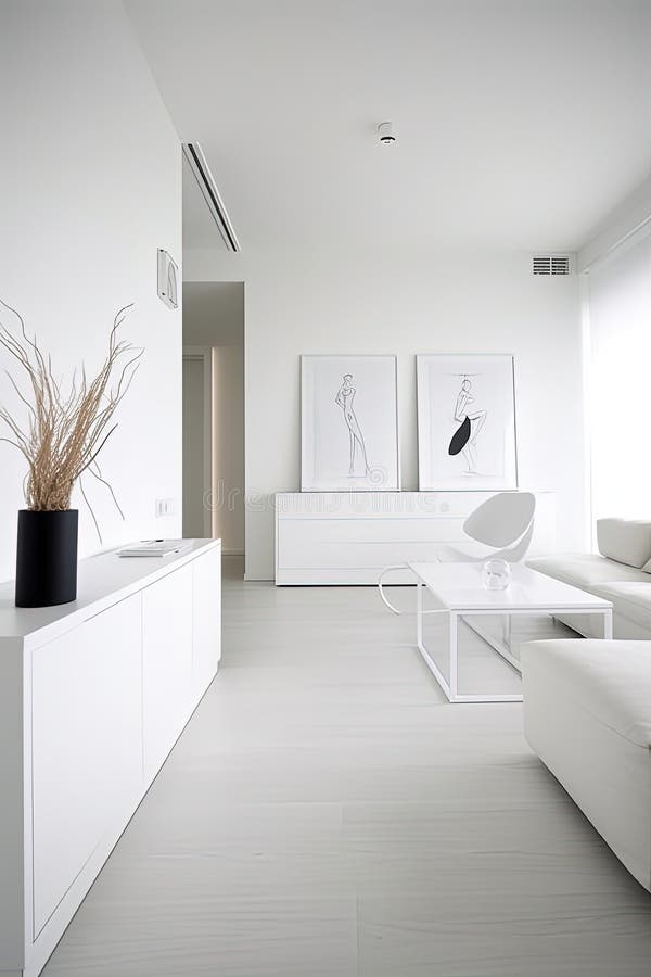Minimalistic Modern White Interior with Glossy Concrete Floor and Large ...