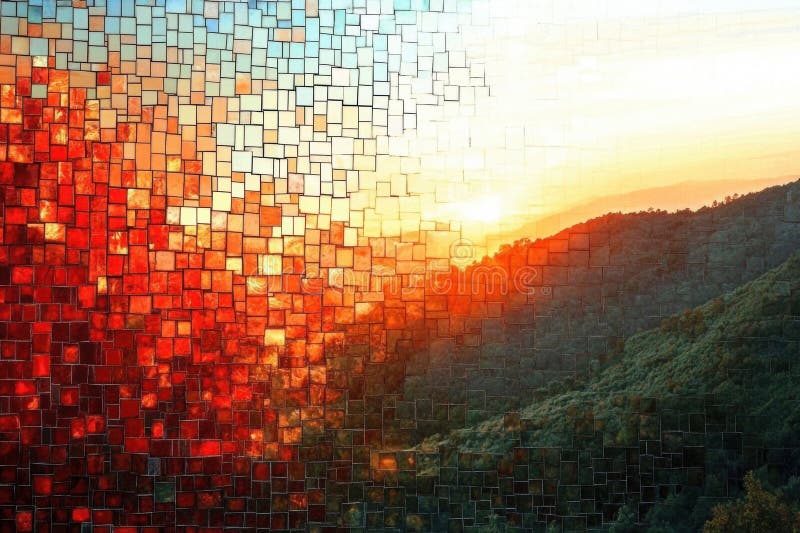 Minimalistic Mosaic Landscape with Vibrant Sunset Over Hills Stock ...