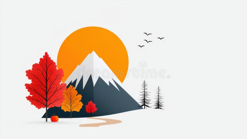 Minimalistic Mountain Design with Hiking Trail and Colorful Trees Stock ...