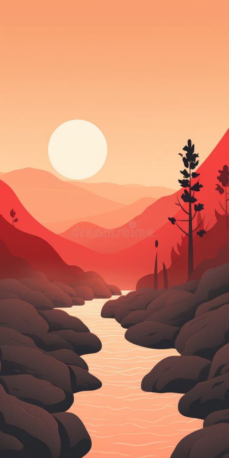 Minimalistic Mountain Stream Wallpaper with Tranquil Sunset Stock Image ...