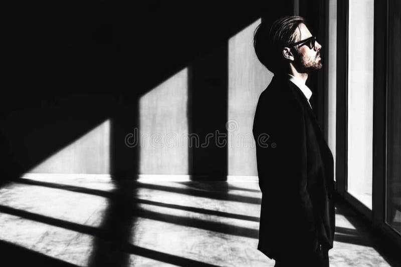 Minimalistic Noir Style Man Standing in Dramatic Light and Shadow Stock ...
