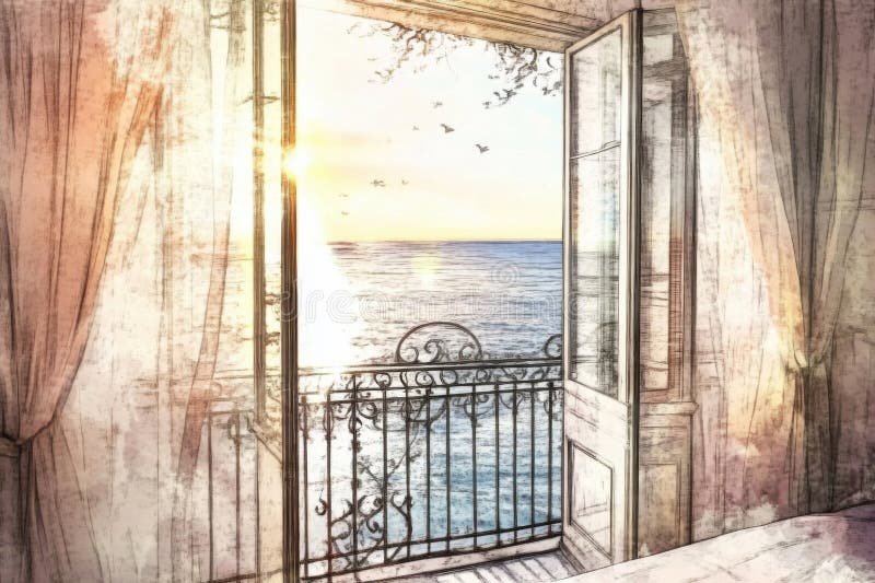 Minimalistic Ocean View from Elegant Balcony at Sunrise Stock ...
