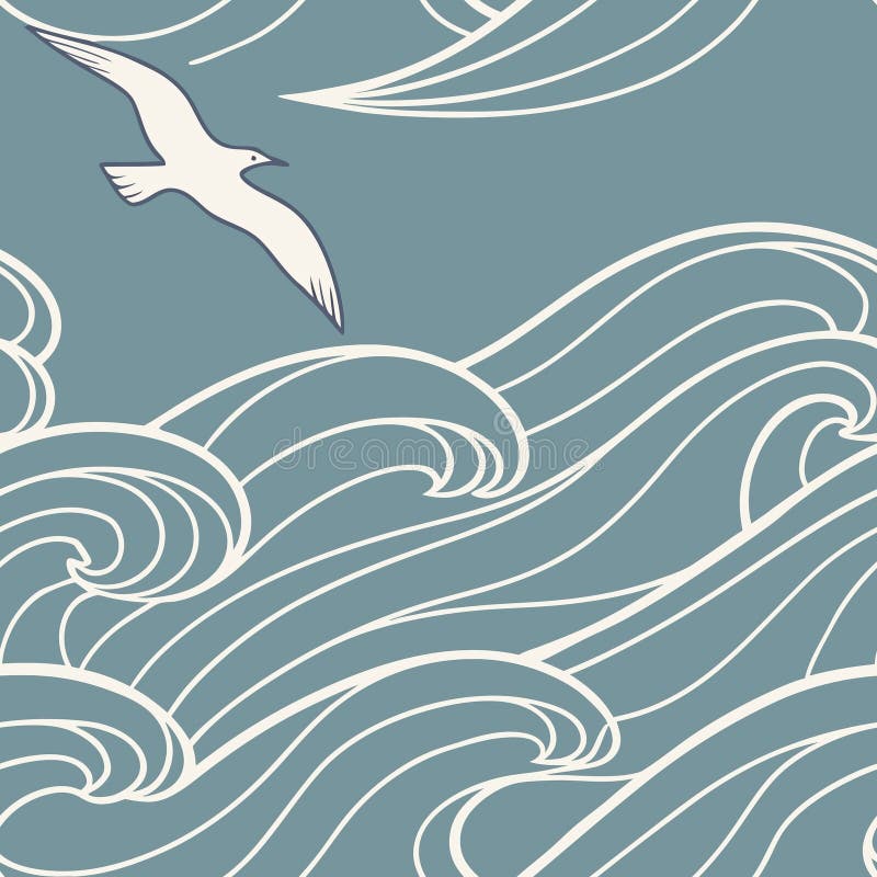 Minimalistic Ocean Wave and Seagull Design with Elegant Line Art Stock ...
