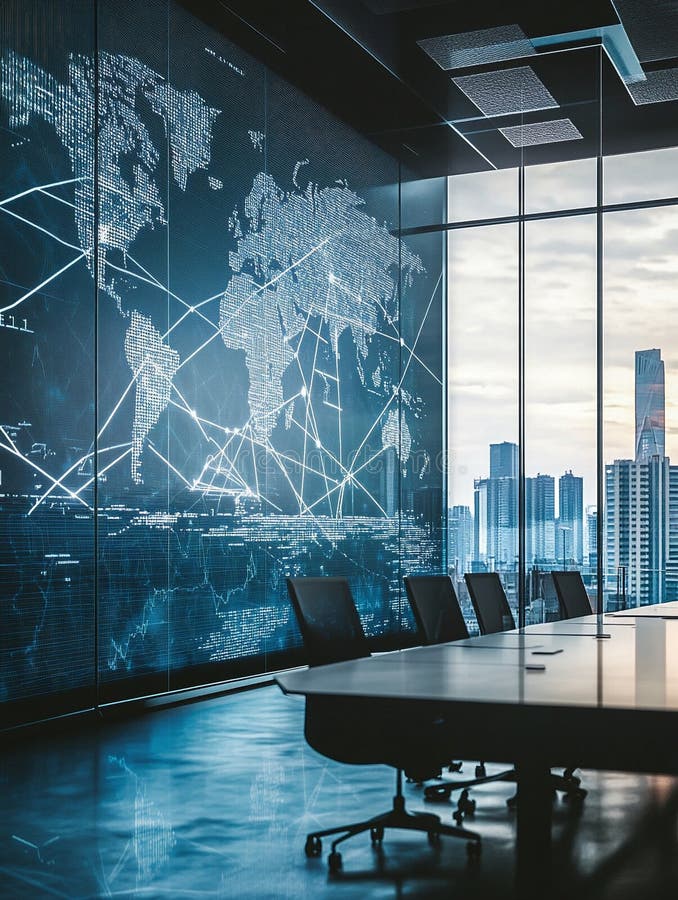 Minimalistic Office Design with a Large Illuminated Digital World Map ...