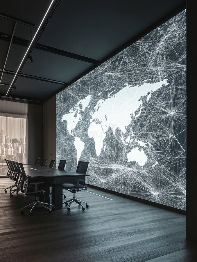 Minimalistic Office Design with a Large Illuminated Digital World Map ...
