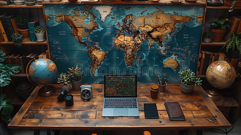 Minimalistic Office Desk Setup with World Map Stock Illustration ...