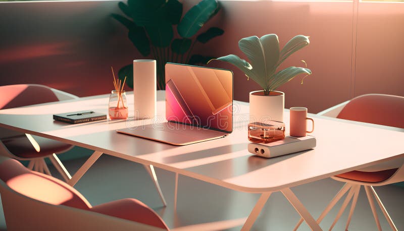 Minimalistic Office Interior with Laptop, Coffee Table and Decorations ...