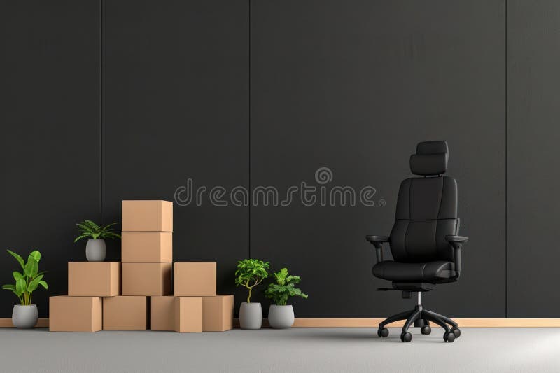 Minimalistic Office Setup with Chair and Cardboard Boxes for Relocation ...