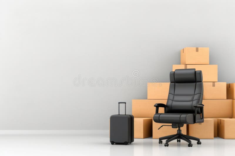 Minimalistic Office Setup with Chair and Cardboard Boxes for Relocation ...