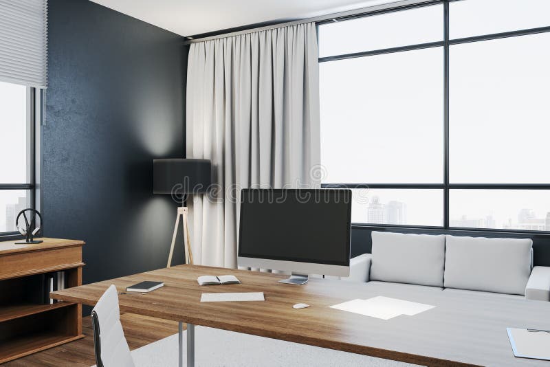 Minimalistic Office Interior with Illuminated Night City View 3D ...