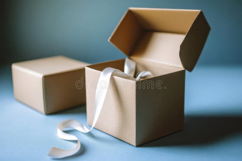 Minimalistic Open Cardboard Box with Ribbon on Blue Background for Gift ...