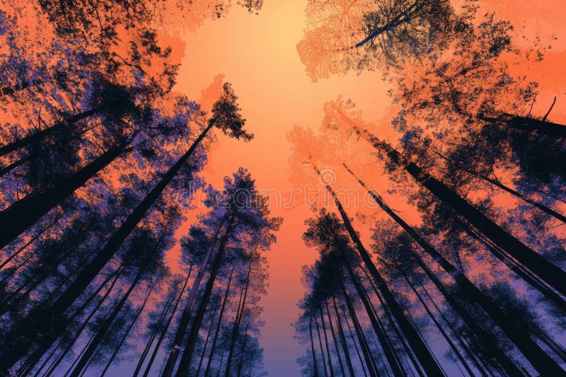 Minimalistic Optical Illusion of Tall Trees Against an Orange Sky at ...