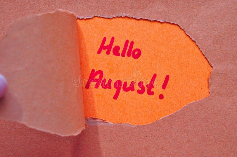 Handwritten Hello August Text on Orange Paper Stock Photo - Image of ...