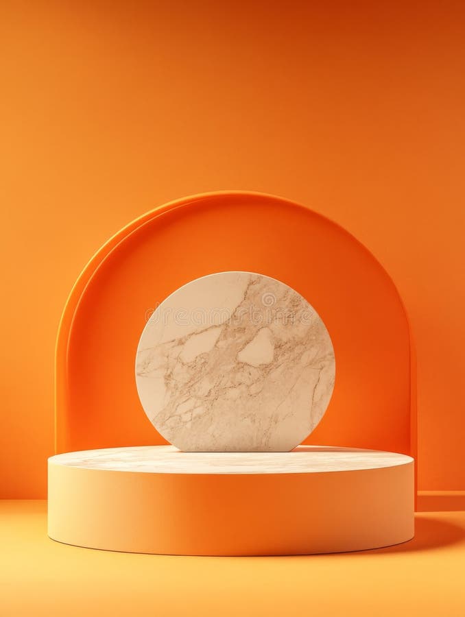 Minimalistic Orange and Marble Display with Circular Arch and Geometric ...