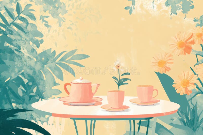 Minimalistic Outdoor Tea Setting with Floral Decor Amidst Lush Greenery ...