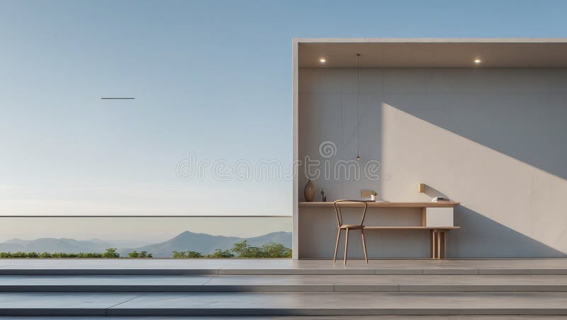 Minimalistic Outdoor Workspace with Mountain View Stock Illustration ...