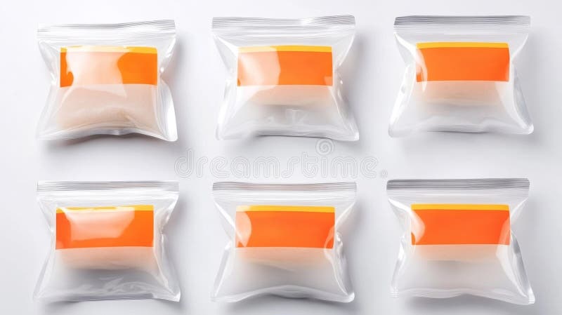 Minimalistic Packaging of Sugar Sachets in Plastic with Bright Orange ...