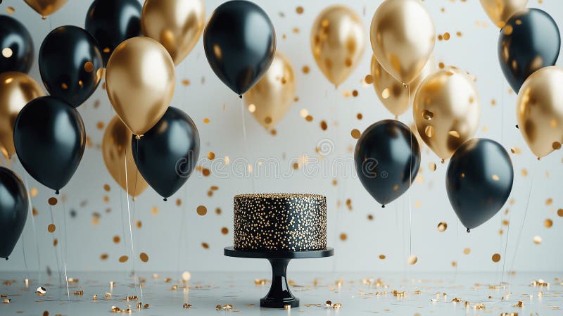 Minimalistic Party Setup with Black and Gold Balloons and Cake Stock ...
