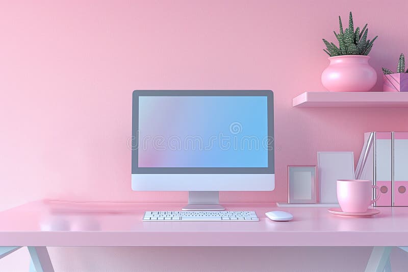 Minimalistic Pink Home Office Setup with Computer Stock Illustration ...