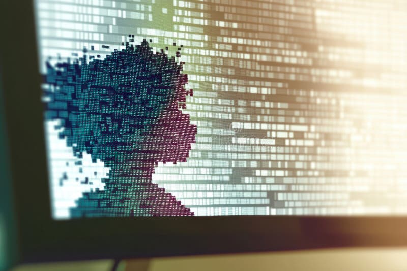 Minimalistic Pixel Art Character on Digital Screen with Abstract ...