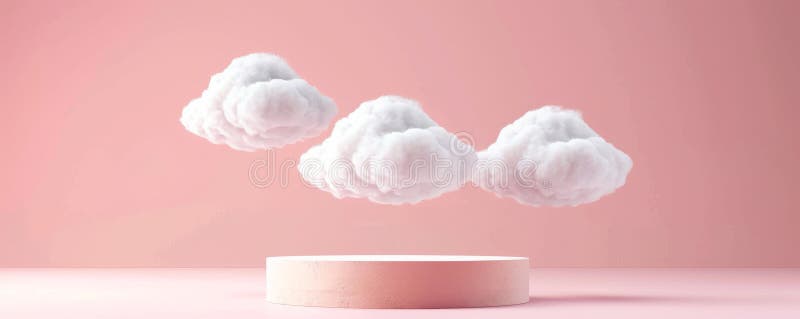 Minimalistic Podium with Three Cloud-shaped Figures on Pink Background ...