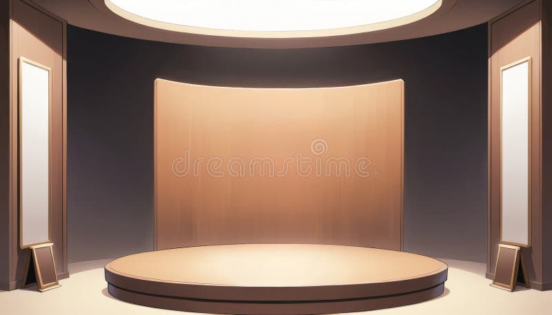 A Minimalistic Presentation Space Featuring a Round Stage Under Soft ...
