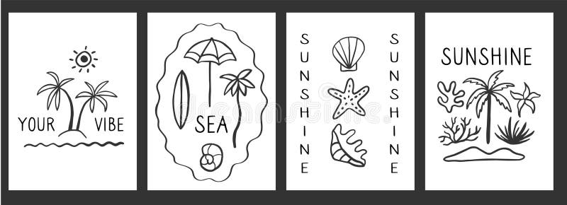 Minimalistic Print with Groovy Abstract Beach Elements in Doodle Ink ...