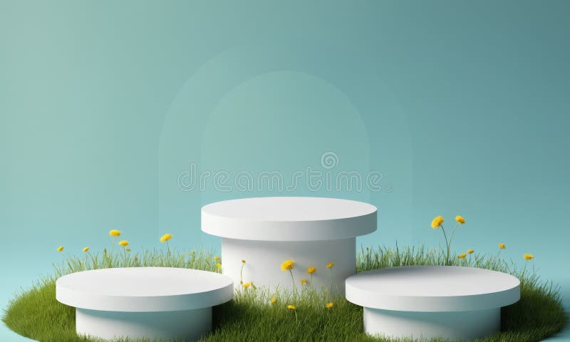 Minimalistic Product Display with Three White Podiums on Grass Stock ...