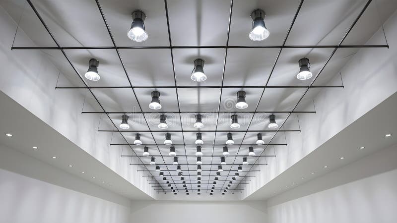 Minimalistic Room Design with Suspended Grid Ceiling and Halogen Spot ...