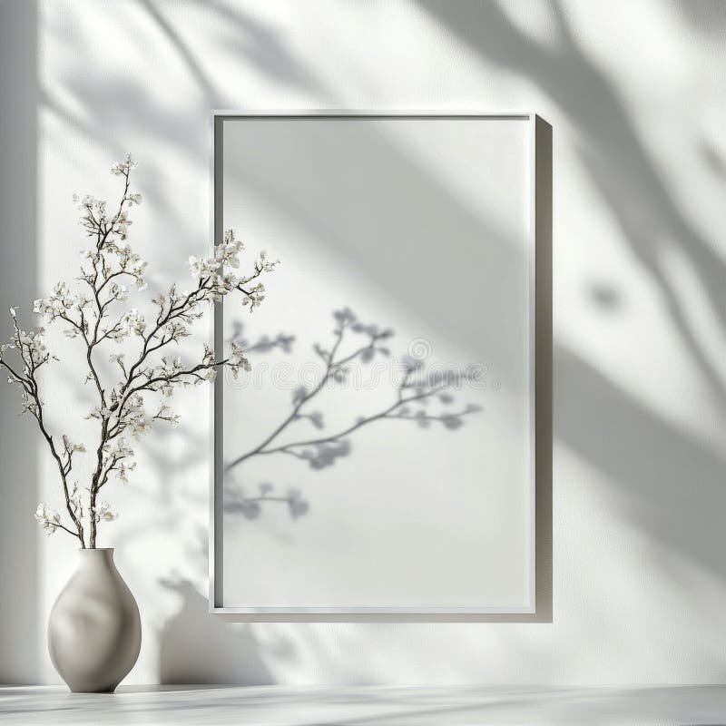 Framed Empty Canvas on a Wall with Decorative Plants Casting Shadows in ...