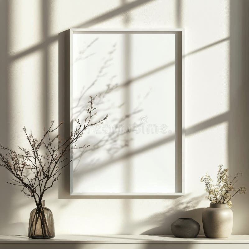 Framed Empty Canvas on a Wall with Decorative Plants Casting Shadows in ...