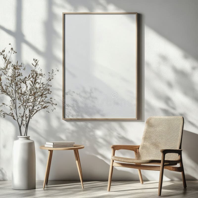 Framed Empty Canvas on a Wall with Decorative Plants Casting Shadows in ...