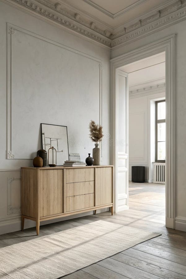 Minimal Room with Sideboard, White Wall. 3D Rendering Stock Illustration - Illustration of wall ...