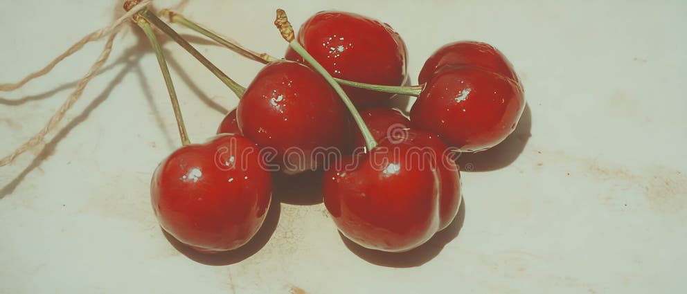 Minimalistic Scrapbook Composition Featuring a Cluster of Cherries Tied ...