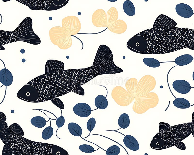 Minimalistic Seamless Pattern Featuring Black Fish and Floral Elements ...
