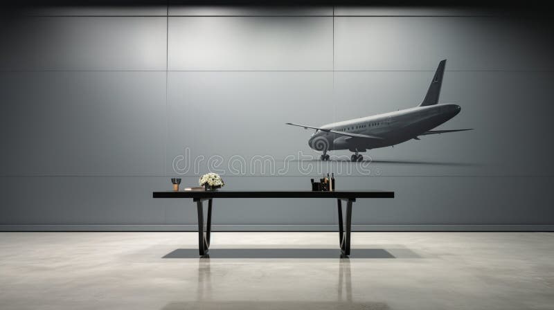 A Minimalistic Setting Featuring an Empty Table in Front of a Plane ...