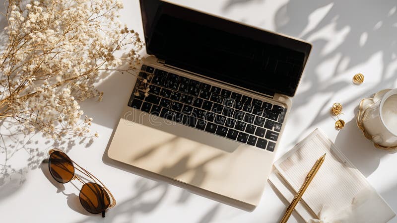 Modern Workspace with Laptop on White Desk Stock Image - Image of white ...