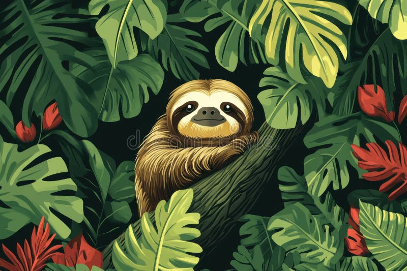 Minimalistic Sloth Design in Lush Tropical Foliage for Nature-themed ...