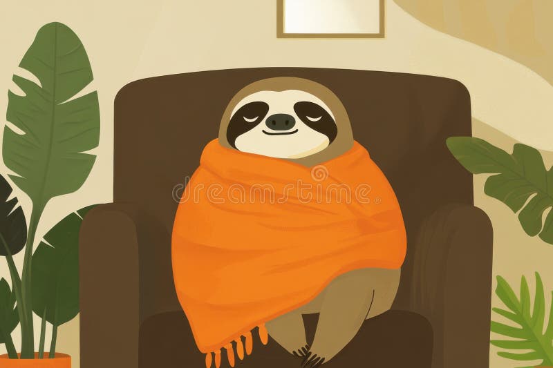Minimalistic Sloth Wrapped in Blanket with Indoor Plants for Cozy ...