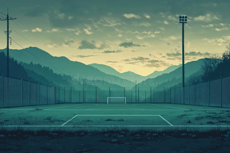 Minimalistic Soccer Field Scene with Mountain Background at Dusk Stock ...