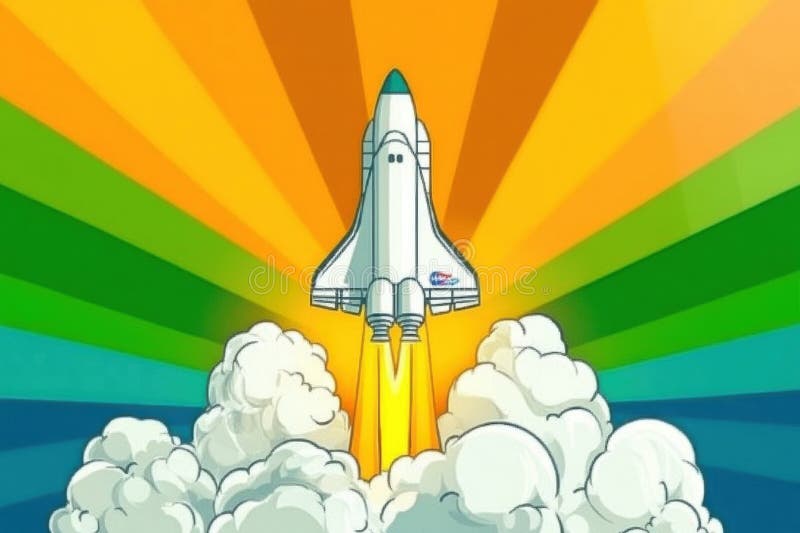 Minimalistic Space Shuttle Launch with Vibrant Rainbow Background for ...