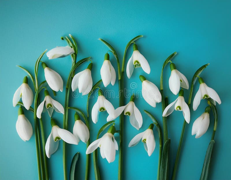 Minimalistic Spring Composition with Snowdrops on a Blue Background ...
