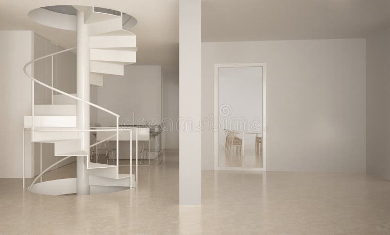 Minimalistic Stair in Modern Empty Space with Kitchen in the Bac Stock ...