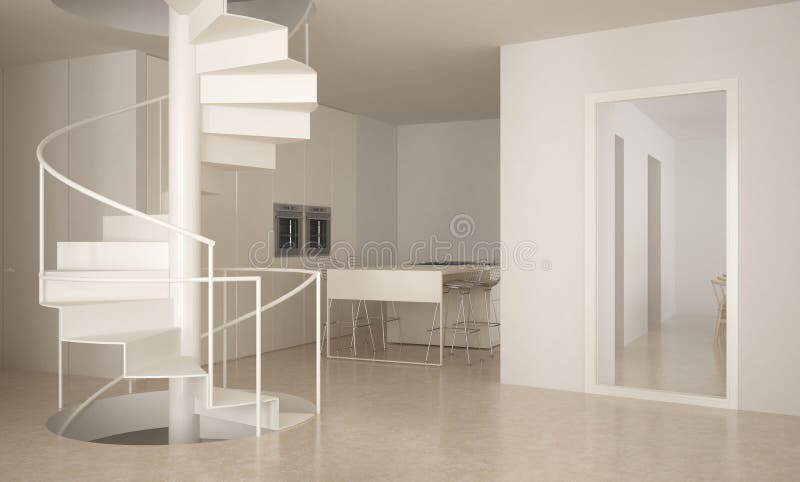 Minimalistic Stair in Modern Empty Space with Kitchen in the Bac Stock ...